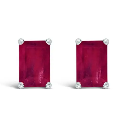 HAUS OF BRILLIANCE 14k Gold Emerald Cut Gemstone Stud Earrings - Red Ruby | White